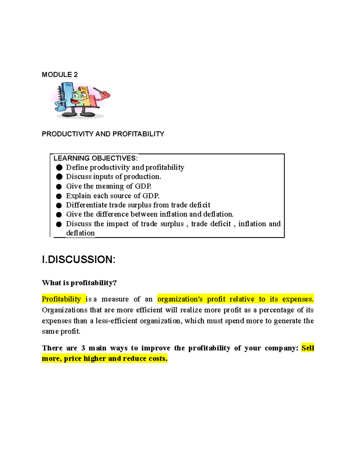 Module 2 Productivity AND Profitability - MODULE 2 PRODUCTIVITY AND PROFITABILITY LEARNING - Studocu