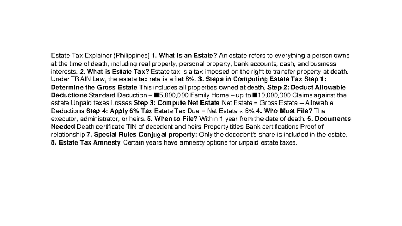 Estate Tax Overview (Philippines) - Key Concepts & Steps - Studocu