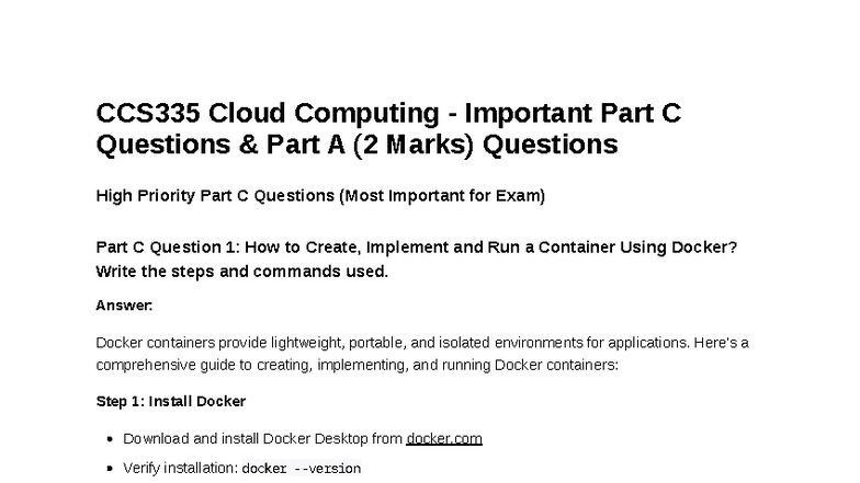CCS335 Cloud Computing Important Part C & A Exam Questions - Studocu