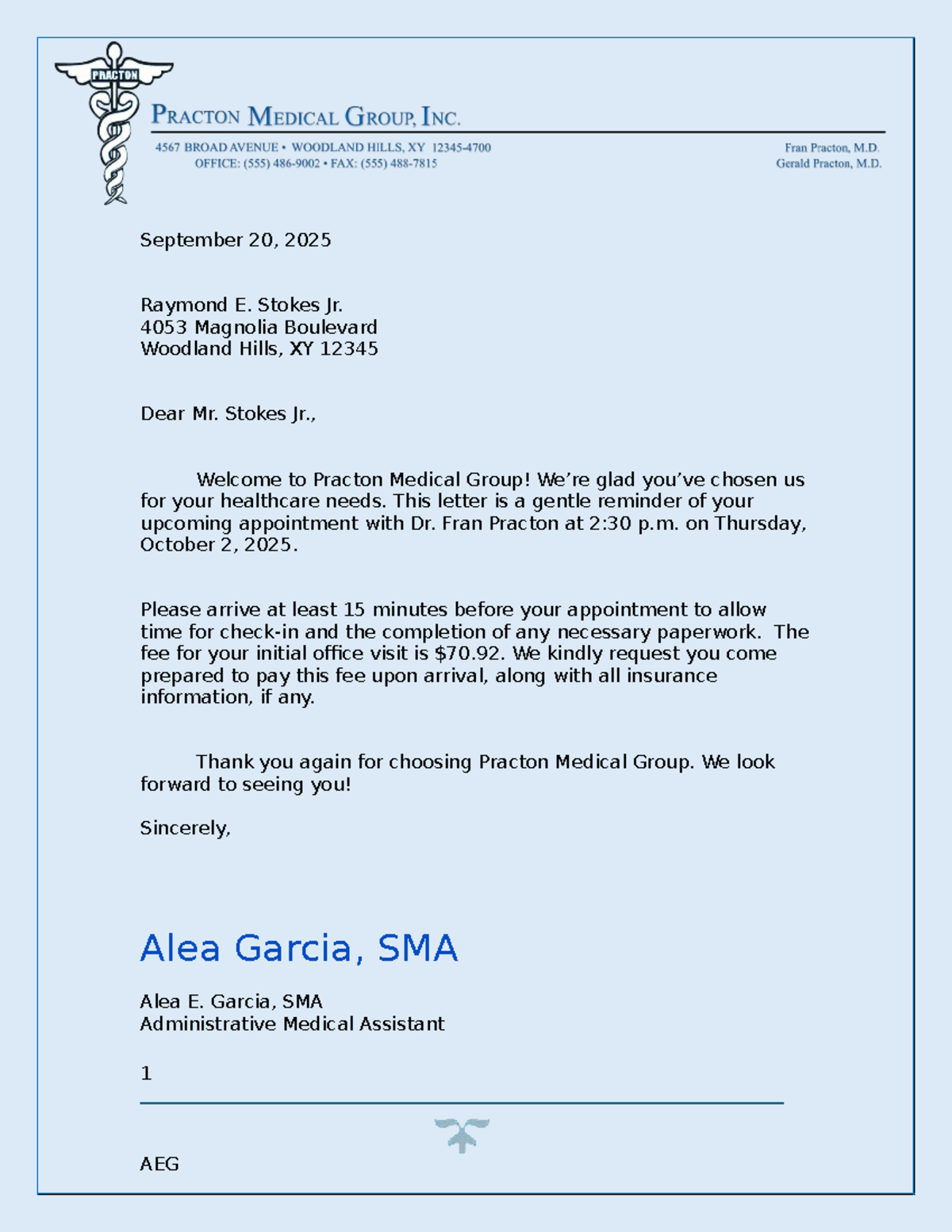 PMG Initial Visit Reminder Letter for Dr. Fran Practon - Studocu