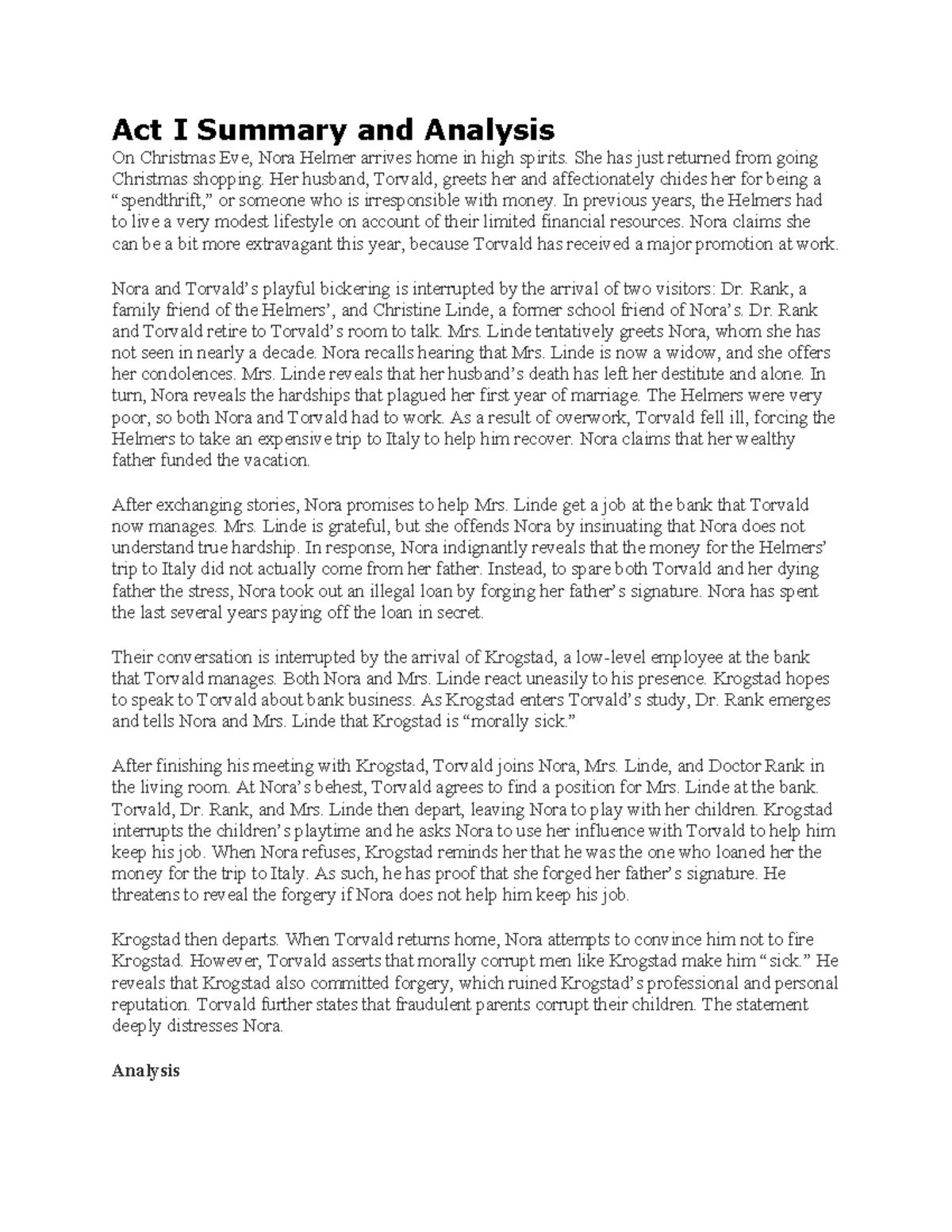 A Doll's House (ENG 101) Act I & II Summary and Analysis - Studocu