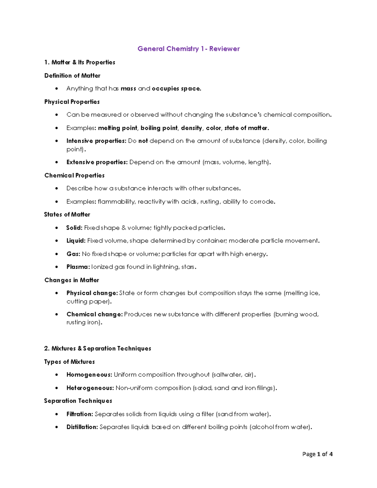 General Chemistry 1: Comprehensive Study Notes on Matter and Reactions ...