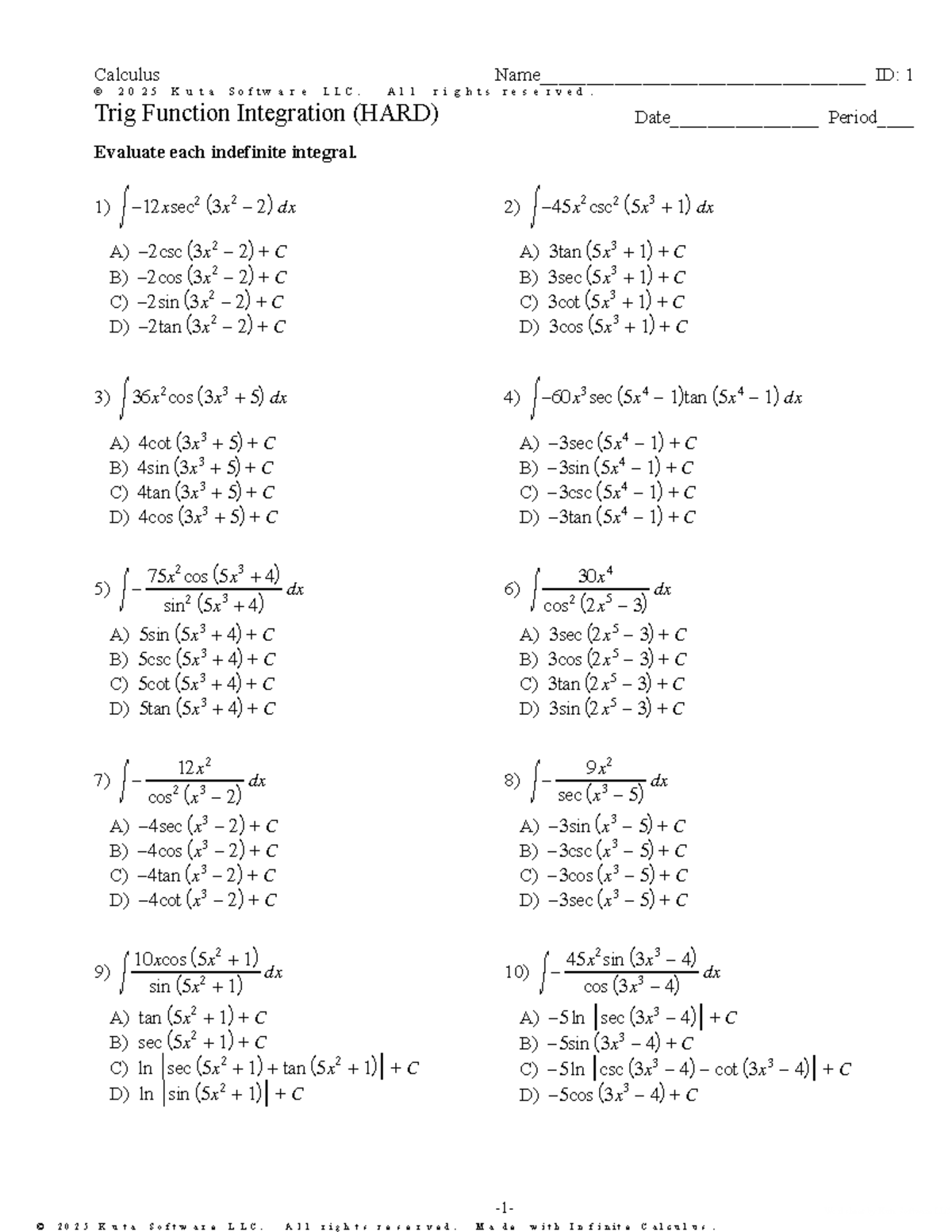Calculus (MATH 101) - Trig Integration Worksheet with Answers - Studocu