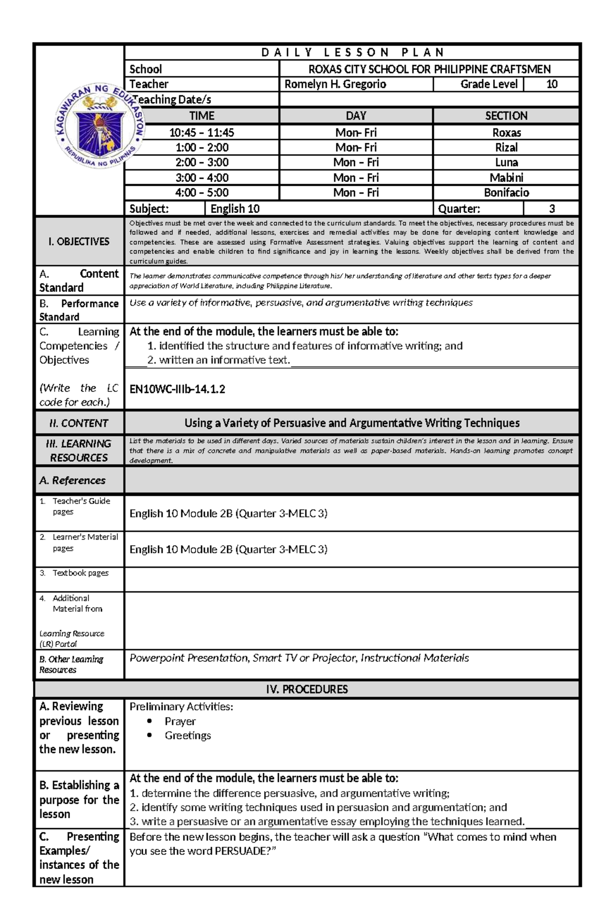 DLL - Persuasive Writing Lesson Plan for English 10 (Q3 M2) - Studocu