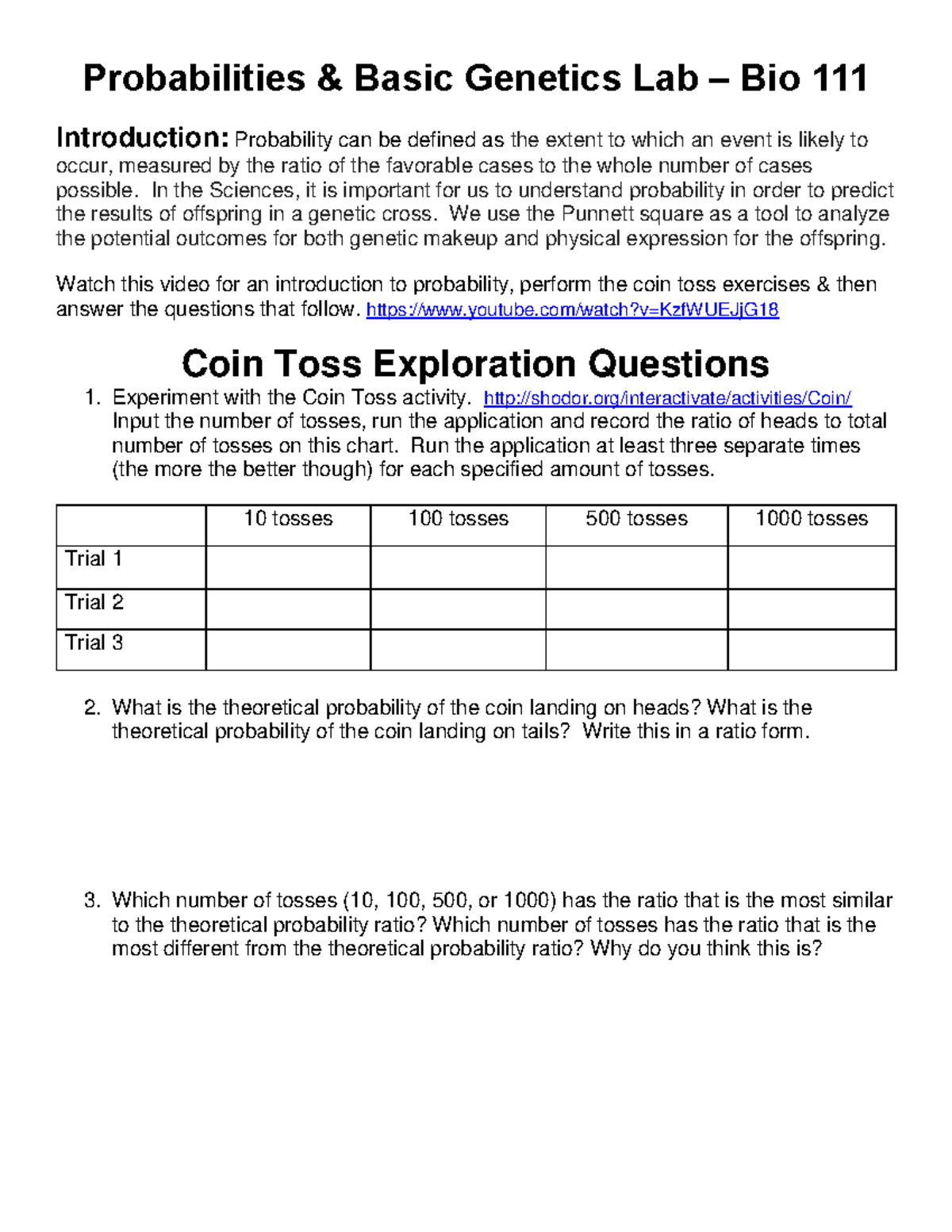 Lab 11: Probabilities and Genetics in Bio 111 Lab Exploration - Studocu