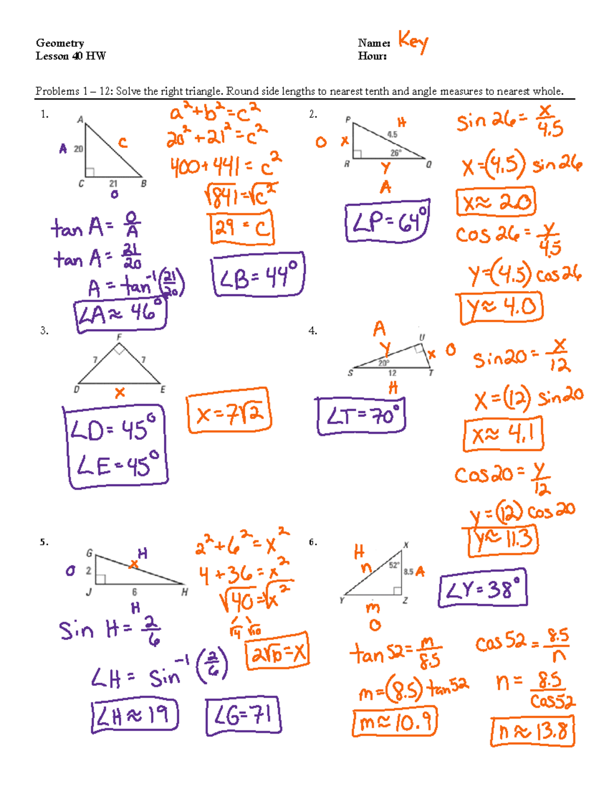 Lesson 40 Homework Key - Geometry Solutions for Right Triangles - Studocu