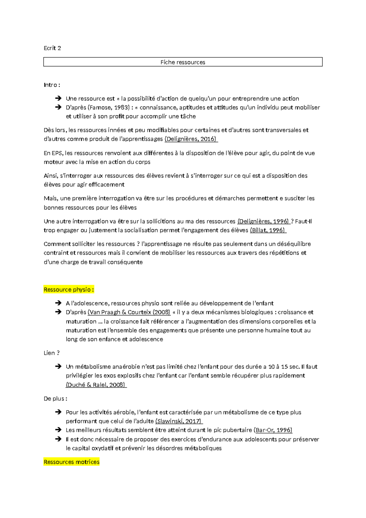 Fiche Ressource EPS : Mobilisation des Ressources en Éducation Physique - Studocu