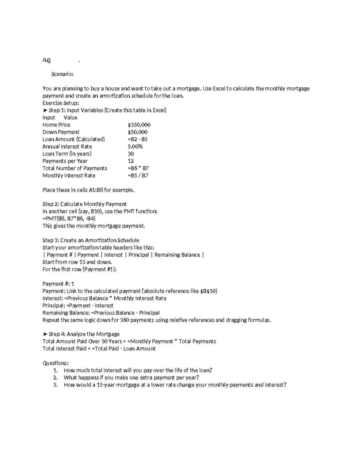 Quiz 1: Mortgage Calculation & Amortization Schedule - IT App - Studocu