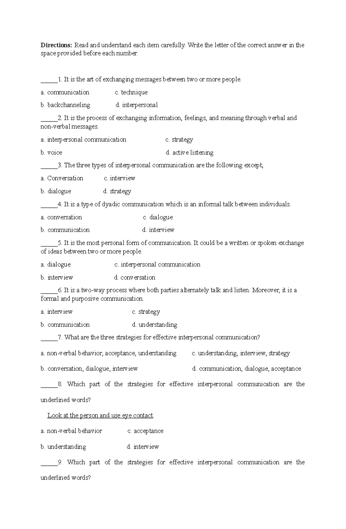 Grade 7 Interpersonal Communication Exam Questions and Answers - Studocu