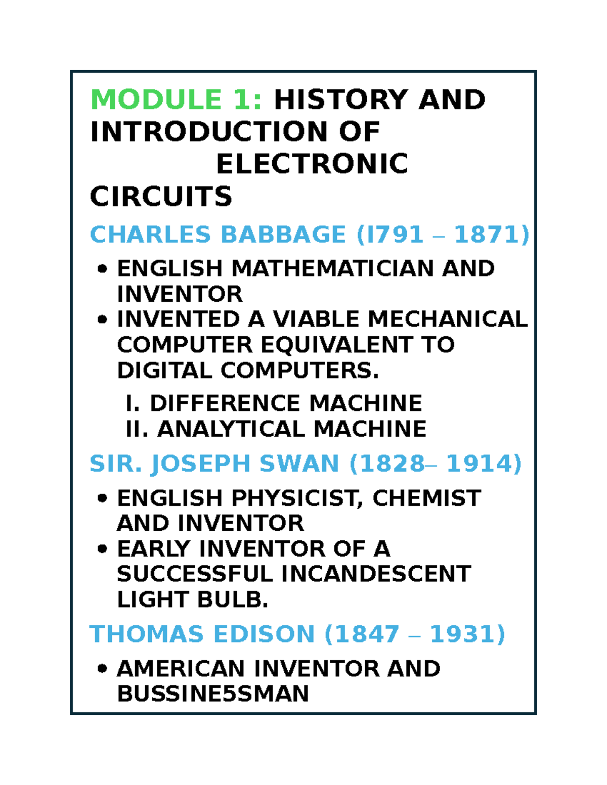 MODULE 1: History of Electronic Circuits and Key Inventors Notes - Studocu