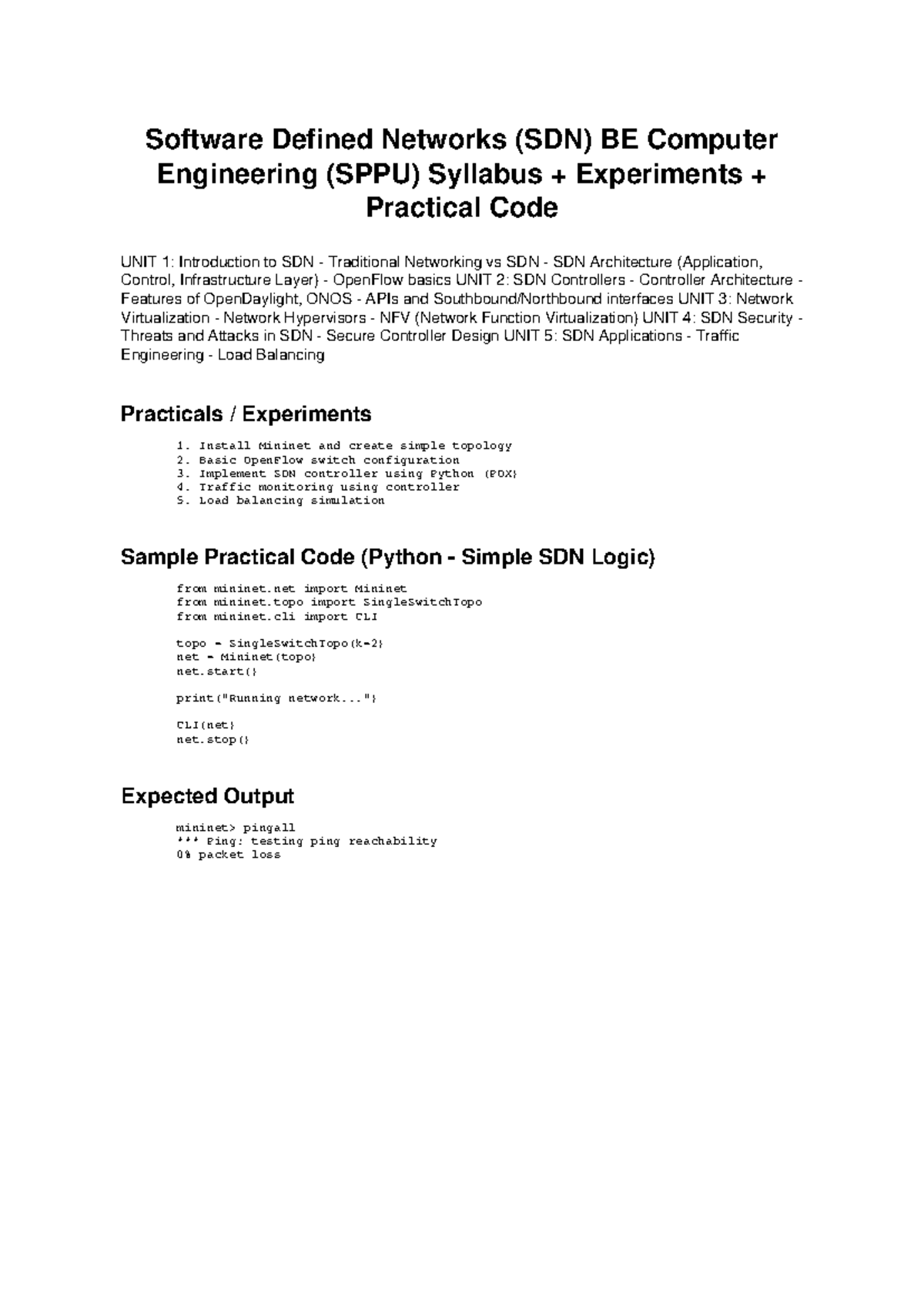 SDN BE Computer Engineering (SPPU) Assignment: Practical Experiments ...