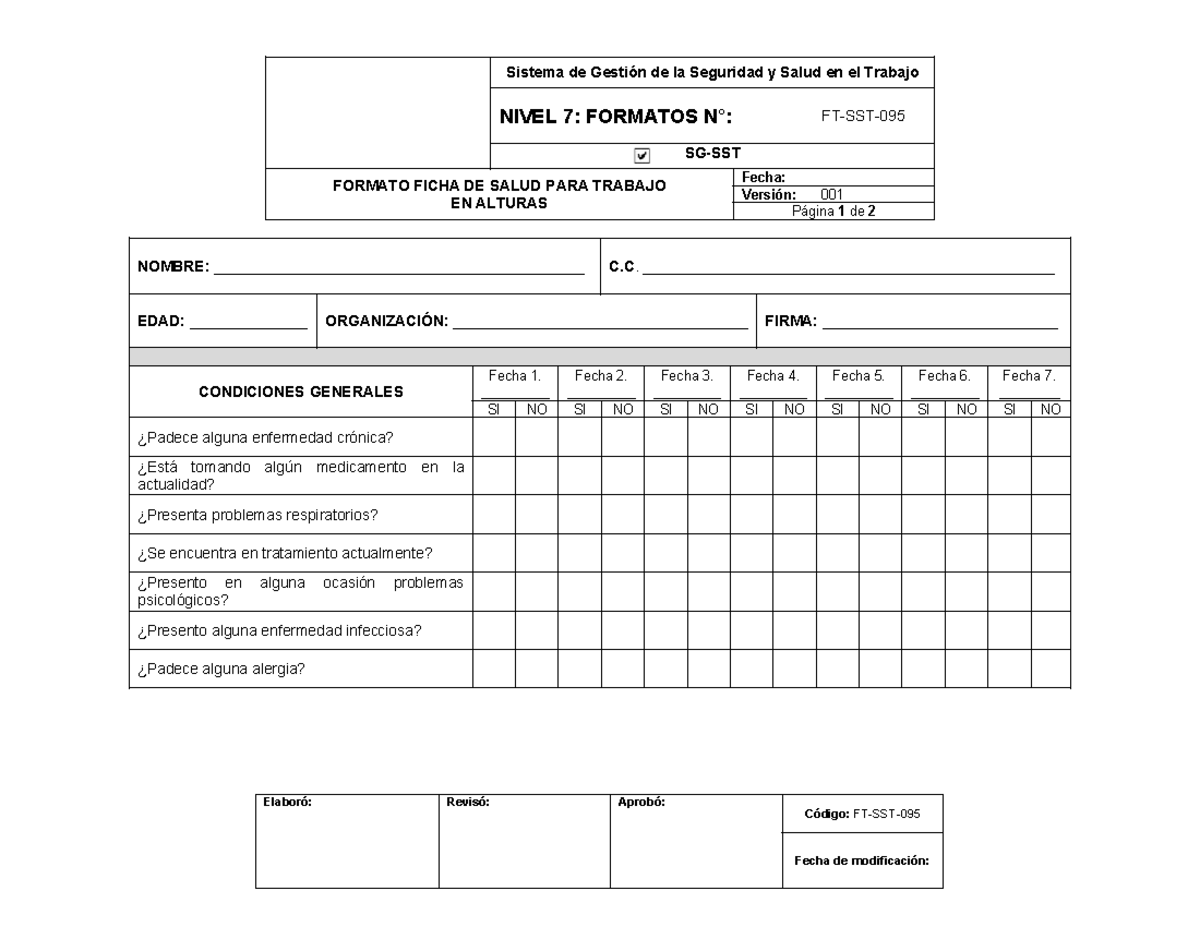 Formato Ficha de Salud para Trabajo en Alturas - FT-SST-095 - Studocu