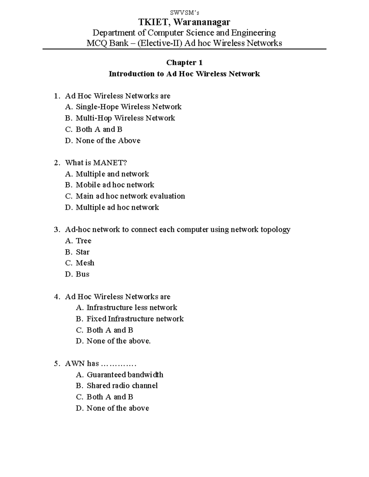 Sem-VII (Elective-I) Adhoc Wireless Networks (MCQ) - TKIET, Warananagar Department of Computer ...