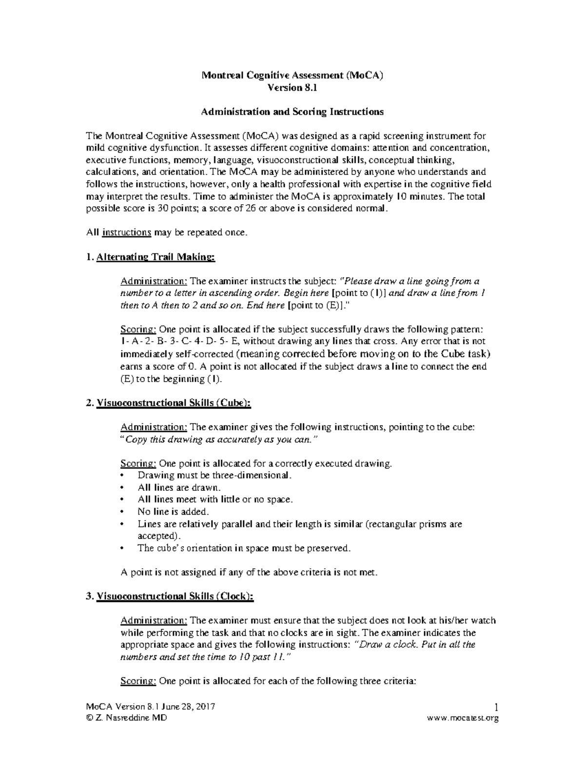 Mo CA-8 - Montreal Cognitive Assessment Admin & Scoring Instructions ...