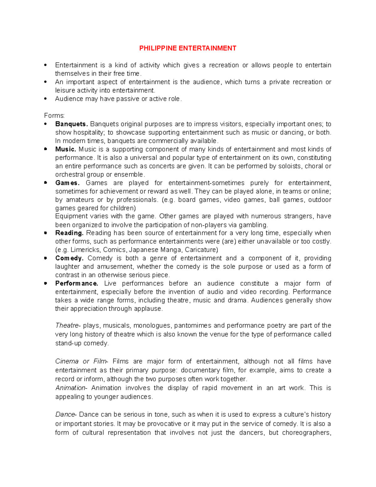Philippine Entertainment: Forms and Audience Engagement - Studocu