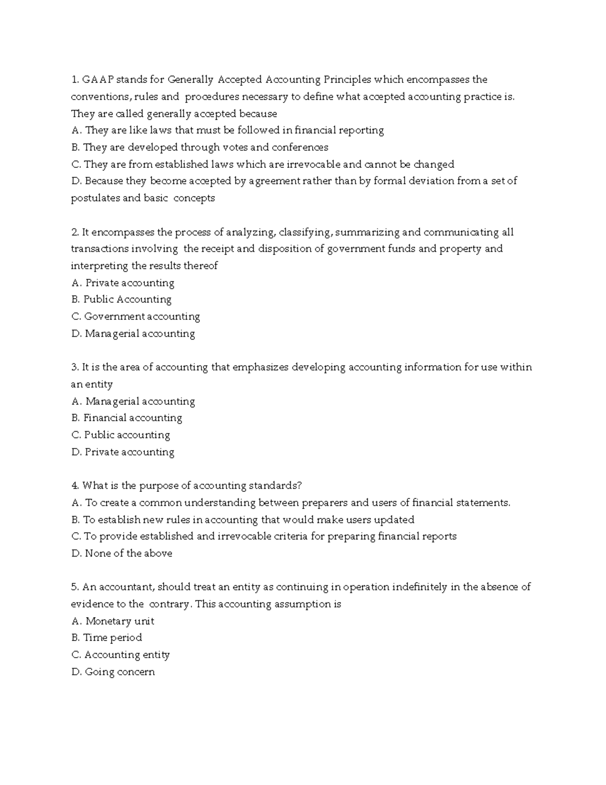 Basic Long Tests on GAAP and Accounting Principles (ACC 101) - Studocu