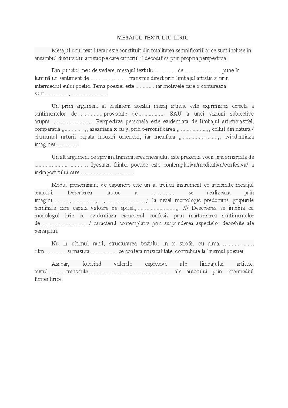 Mesajul Textului Liric: Analiză Detaliată a Semnificațiilor - Studocu