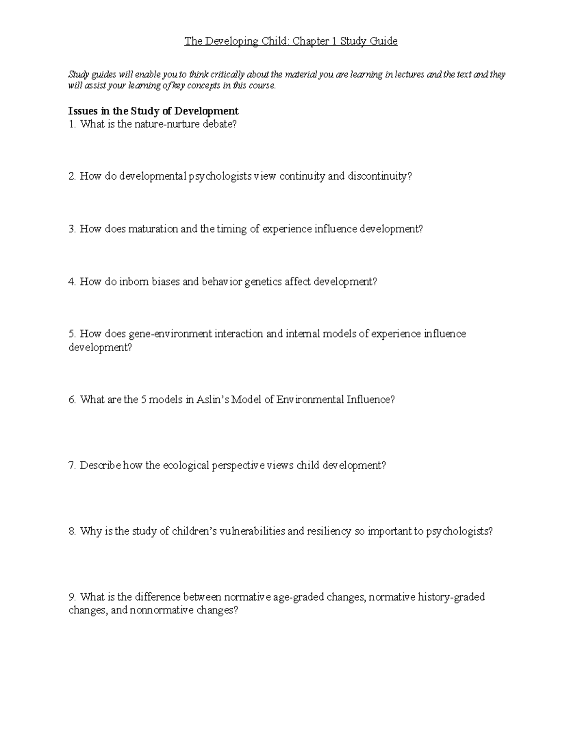 Chapter 1 - The Developing Child: Chapter 1 Study Guide Study guides ...