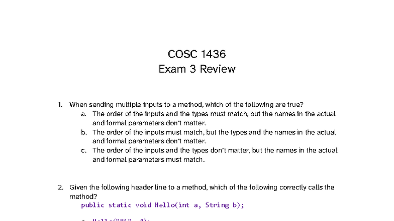 COSC 1436 Exam 3 Review: Key Concepts and Practice Questions - Studocu