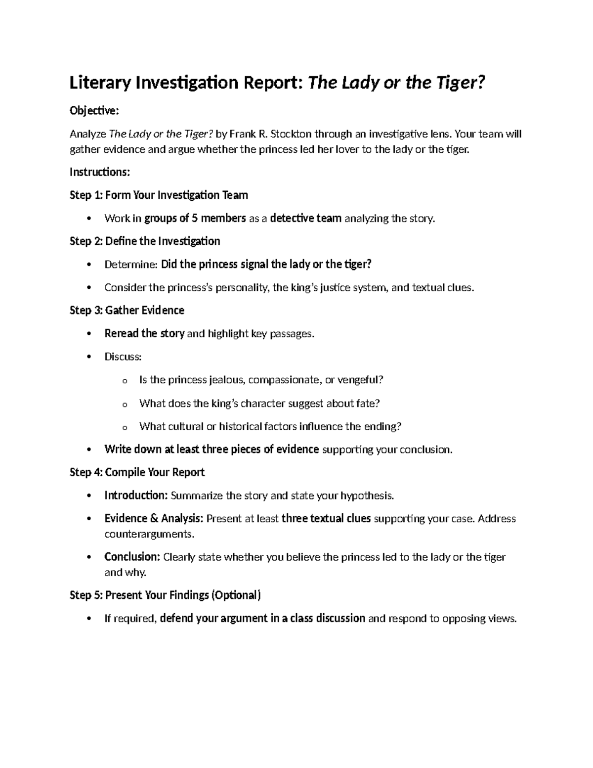 LIT 101: Investigative Report on "The Lady or the Tiger?" Analysis ...