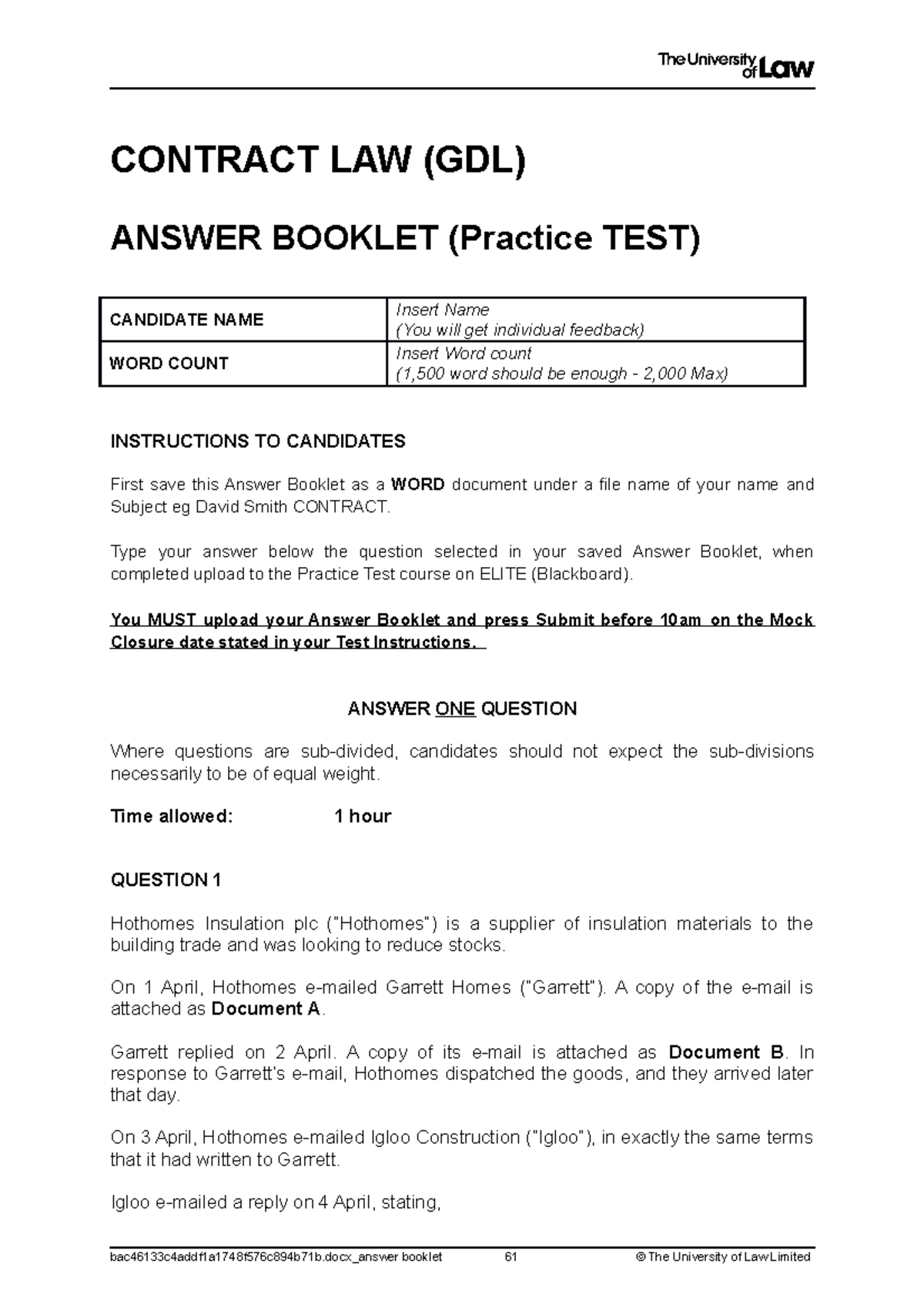 2021 a contract test answer booklet - CONTRACT LAW (GDL) ANSWER BOOKLET ...