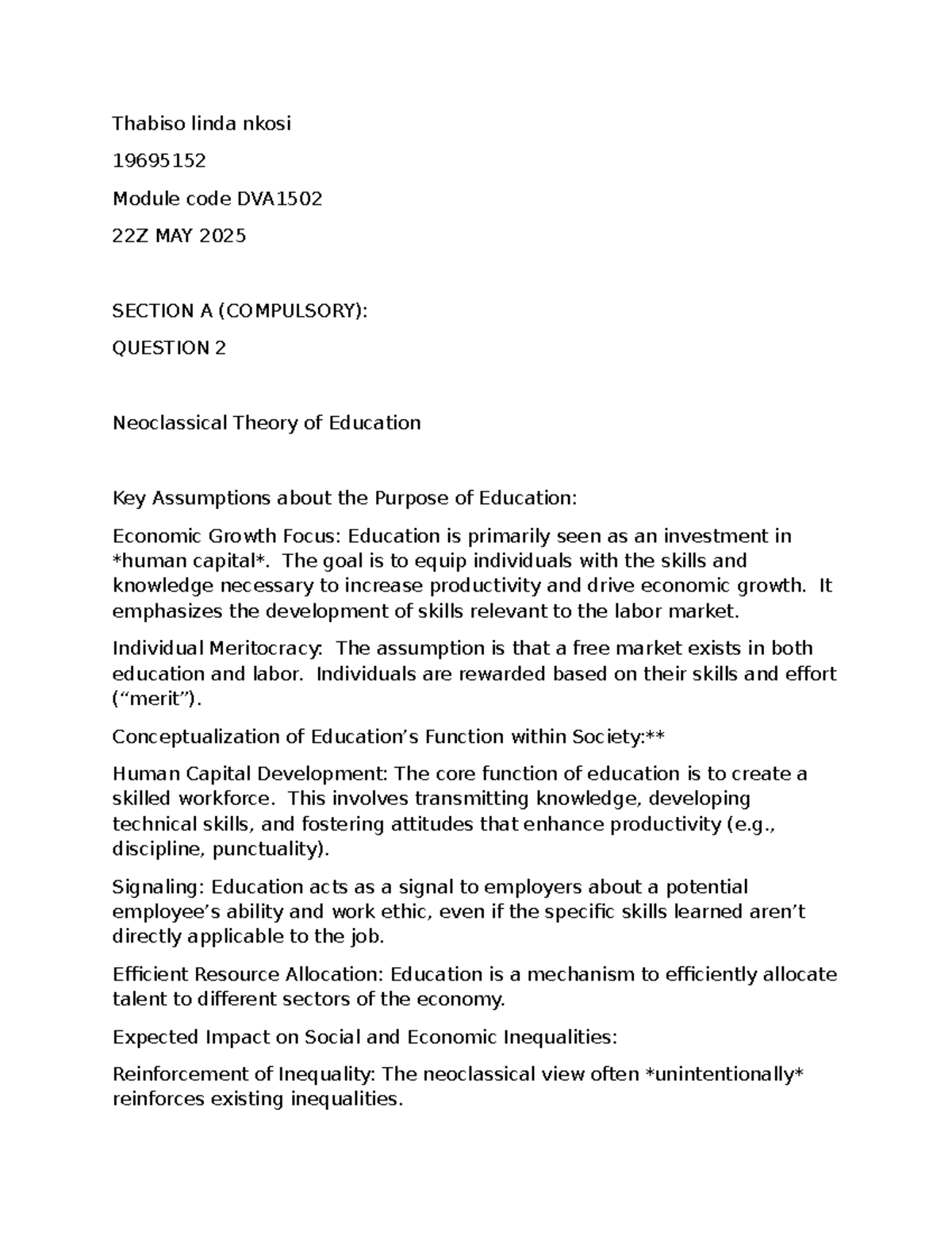 DVA1502 Final Exam: Neoclassical and Reformist Theories of Education ...