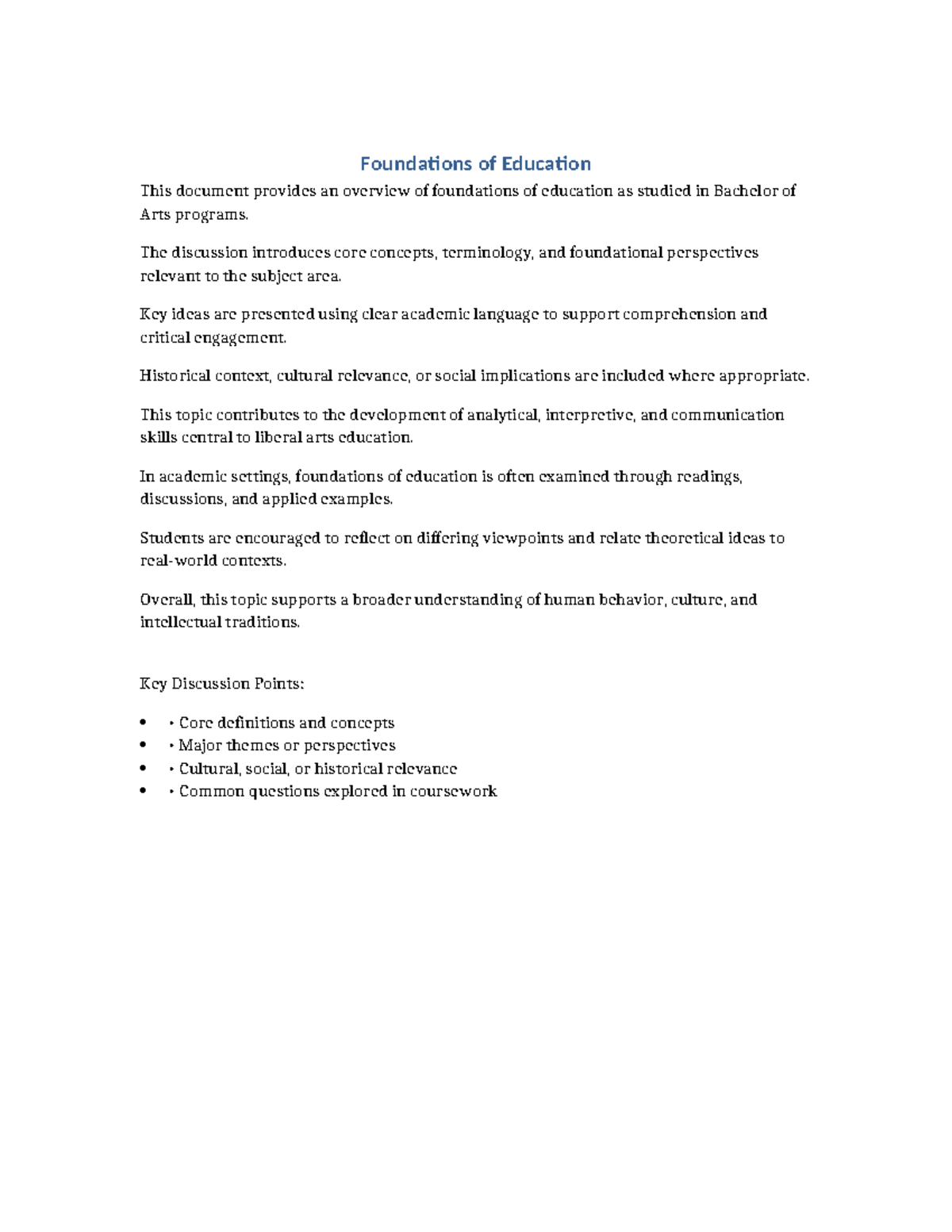 Foundations of Education Overview for BA Programs - Studocu