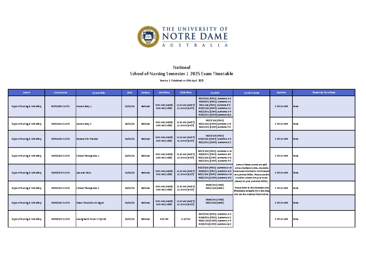 National Nursing S1 2025 Exam Timetable - Version 1 - Studocu