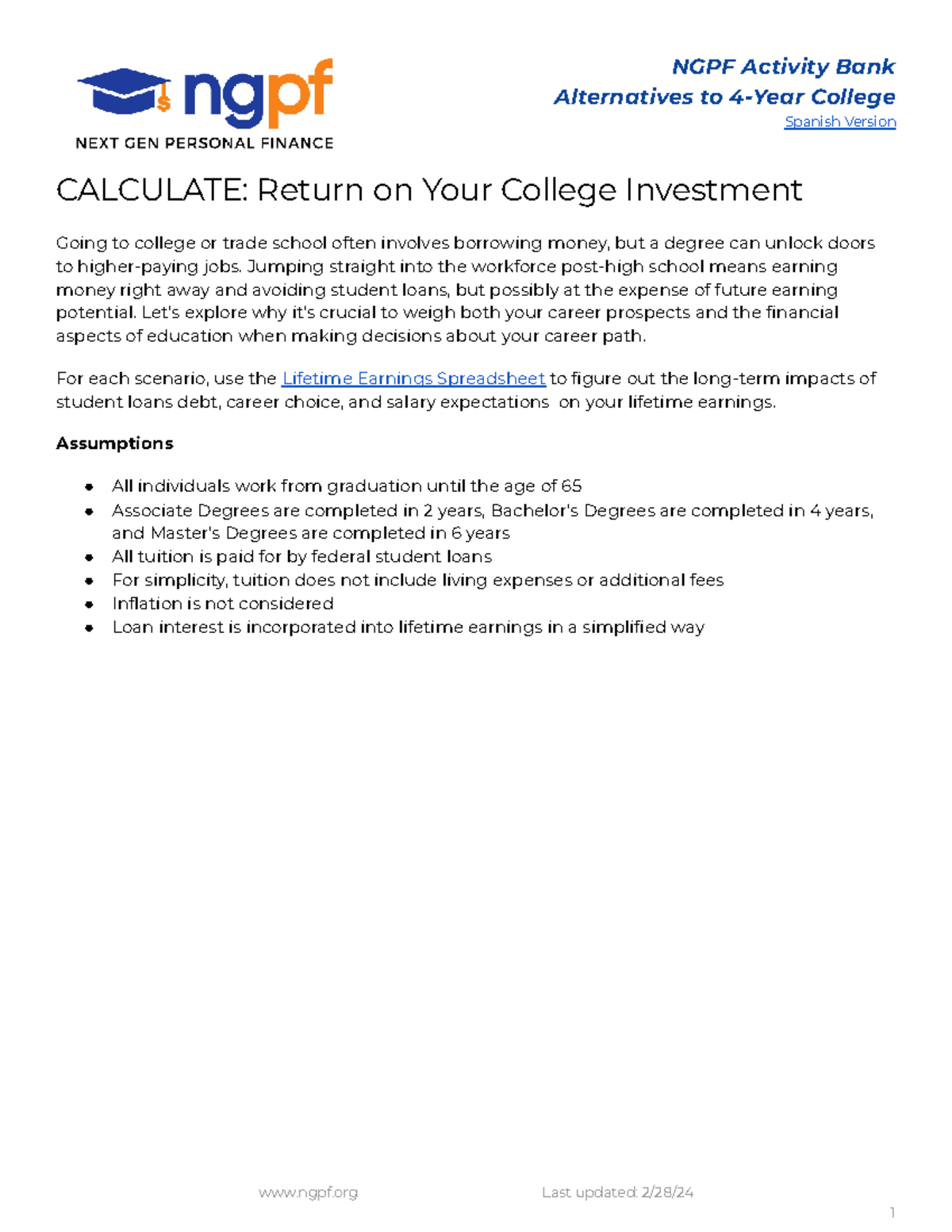 Calculate: Return on Your College Investment Activity (NGPF) - Studocu