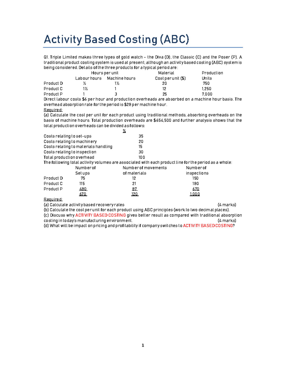 Activity Based Costing (ABC) Analysis for Triple Limited & Jola ...