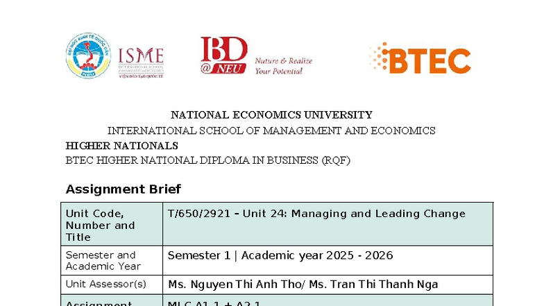 MLC A1.1 A2.1 - Managing and Leading Change Assignment Brief 2025 - Studocu