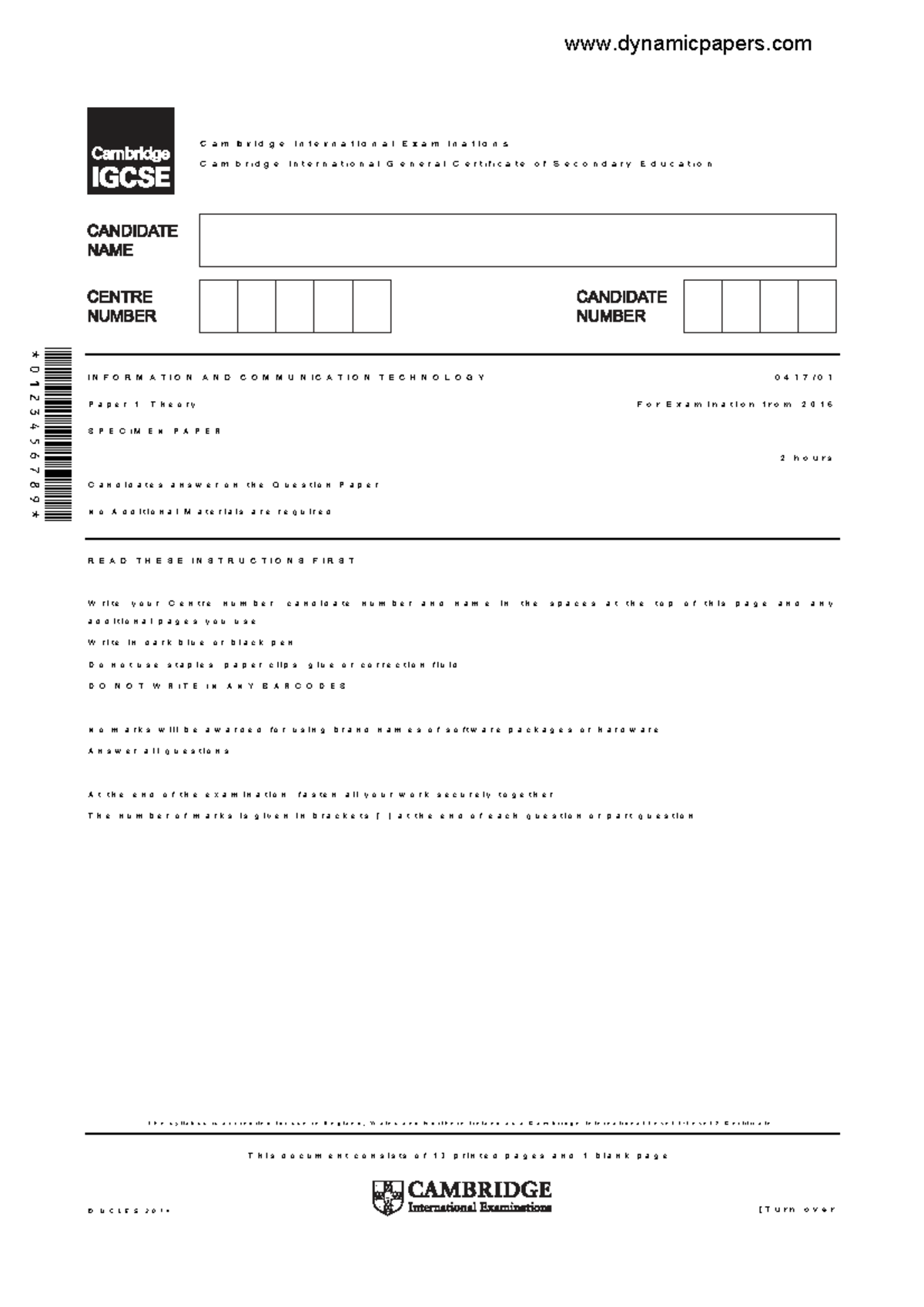 Cambridge IGCSE ICT 2016 Specimen Paper 1 - Theory Exam - Studocu