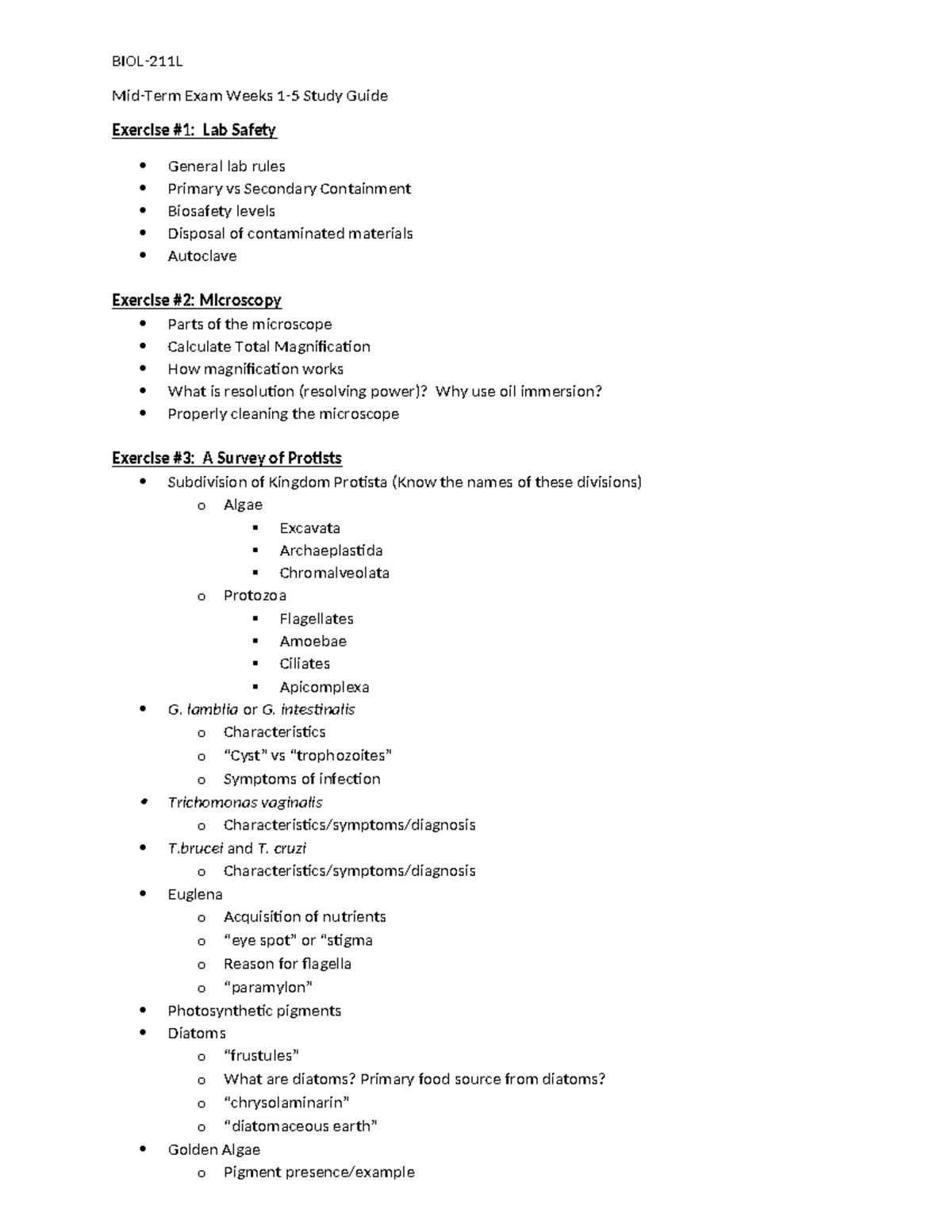 BIOL-211L Mid-Term Exam Study Guide: Lab Safety & Microscopy - Studocu