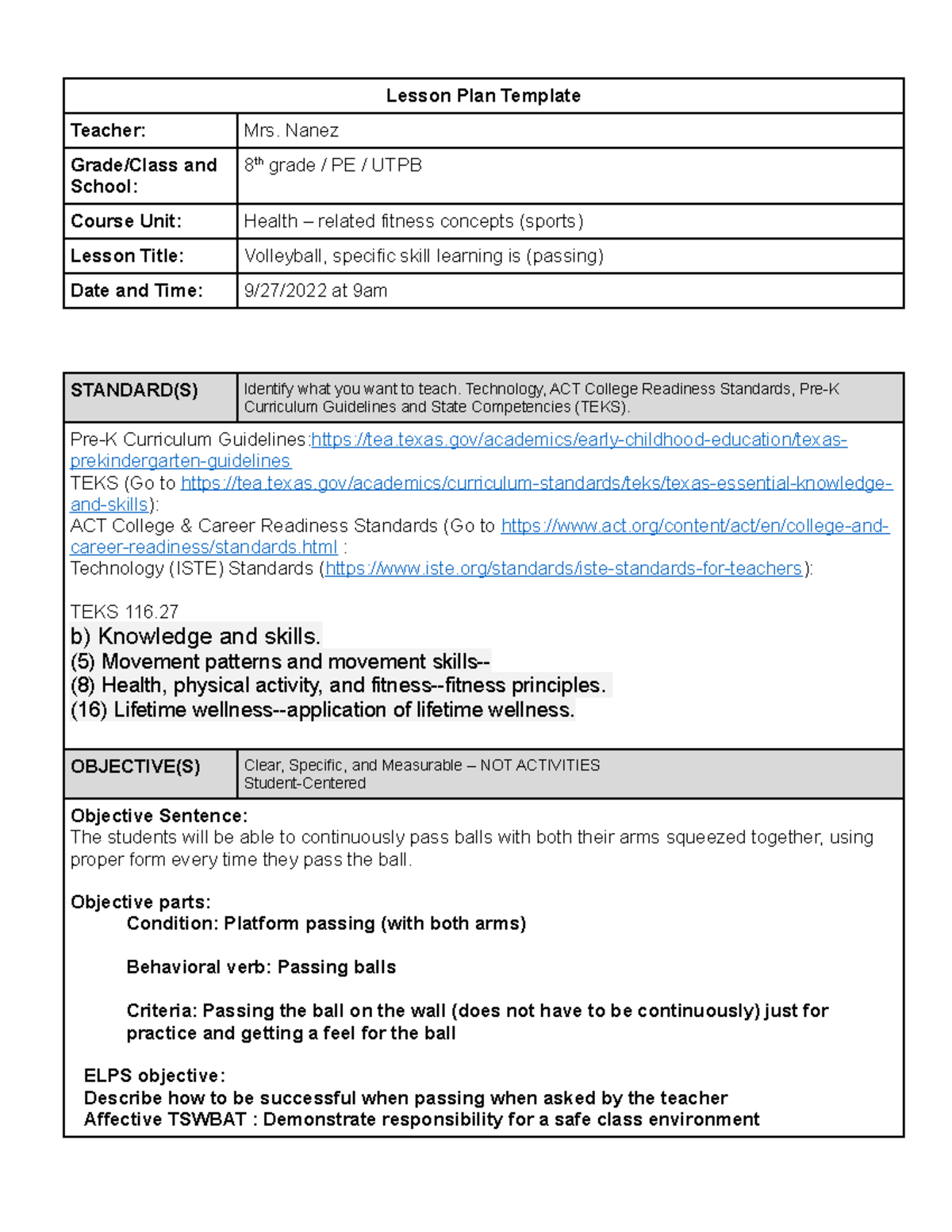 Lesson PLAN 1 - Lesson Plan Template Teacher: Mrs. Nanez Grade/Class ...