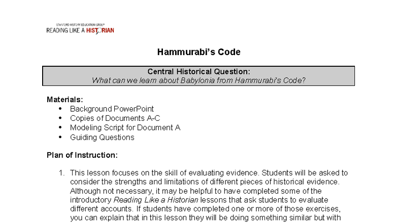Hammurabi's Code Lesson Plan: Insights into Balonia - Studocu