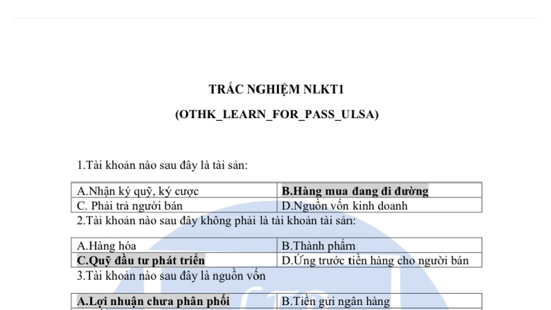 Nguyên Lý Kế Toán 1 - Ôn Tập Cho Kỳ Thi (OTHK_LEARN_FOR_PASS_ULSA) - Studocu