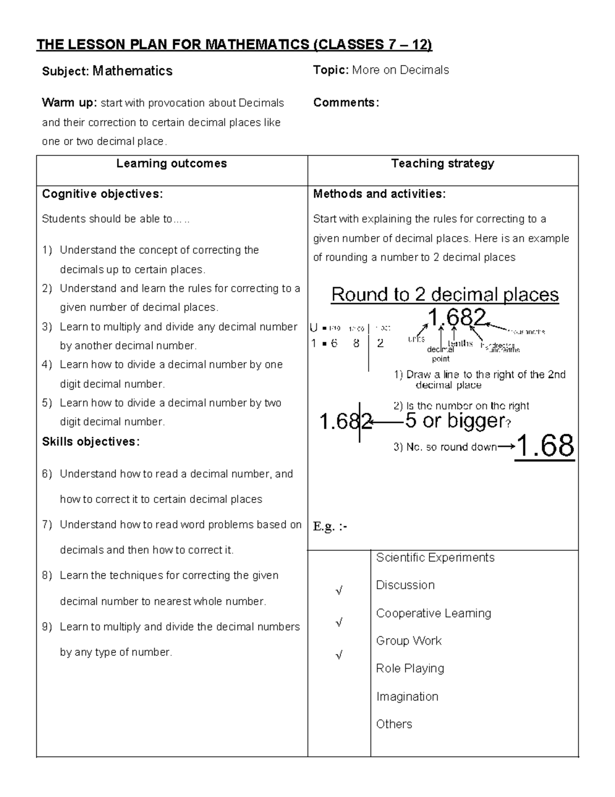 Mathematics Lesson Plan: More on Decimals (Classes 7-12) - Studocu