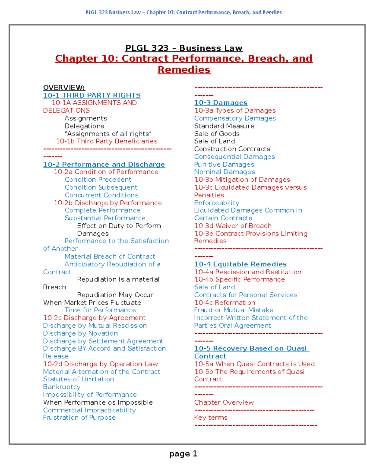 PLGL 323 - Business Law - Chapter 10 - Contract Performance, Breach ...