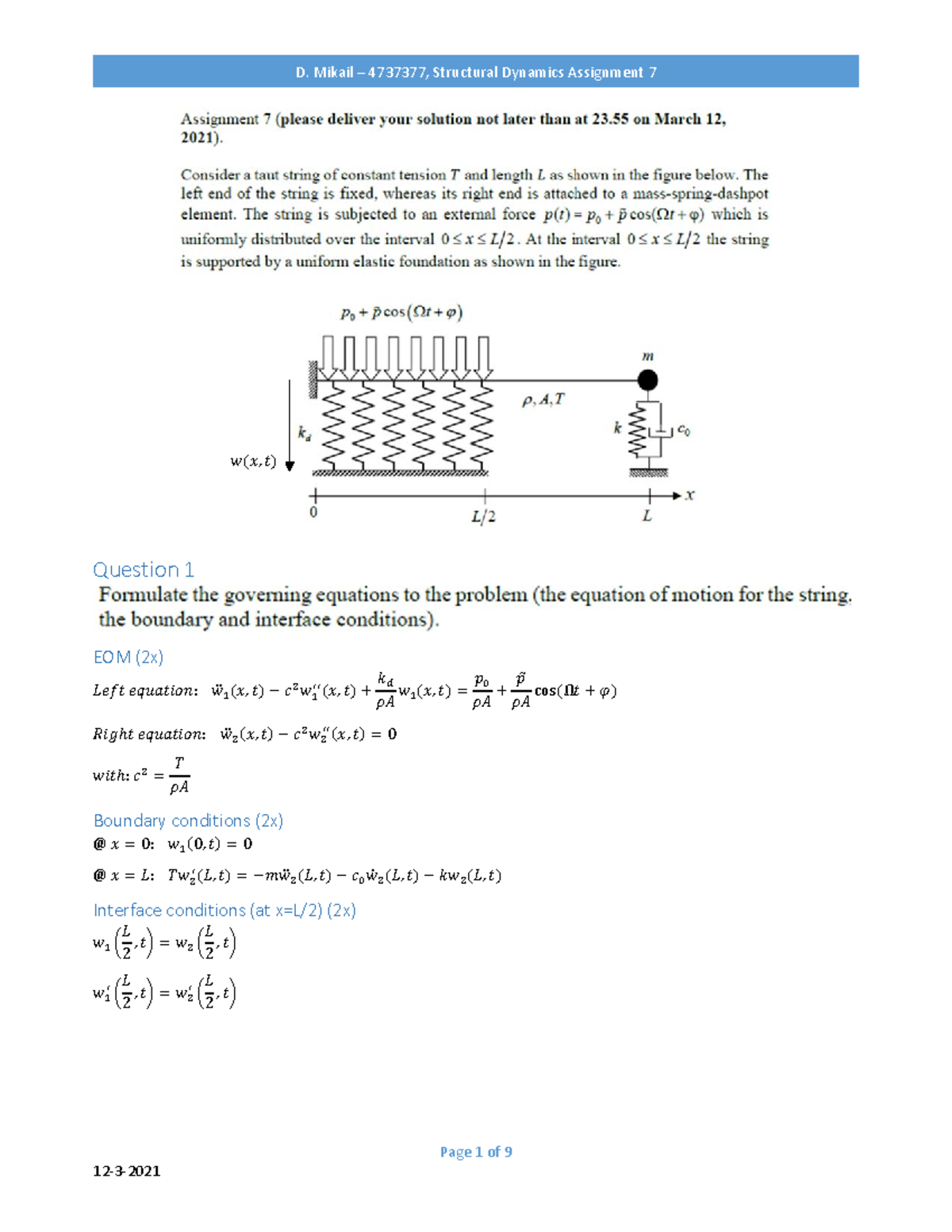 Structural Dynamics Assign 7: Equations of Motion & Solutions - Studeersnel