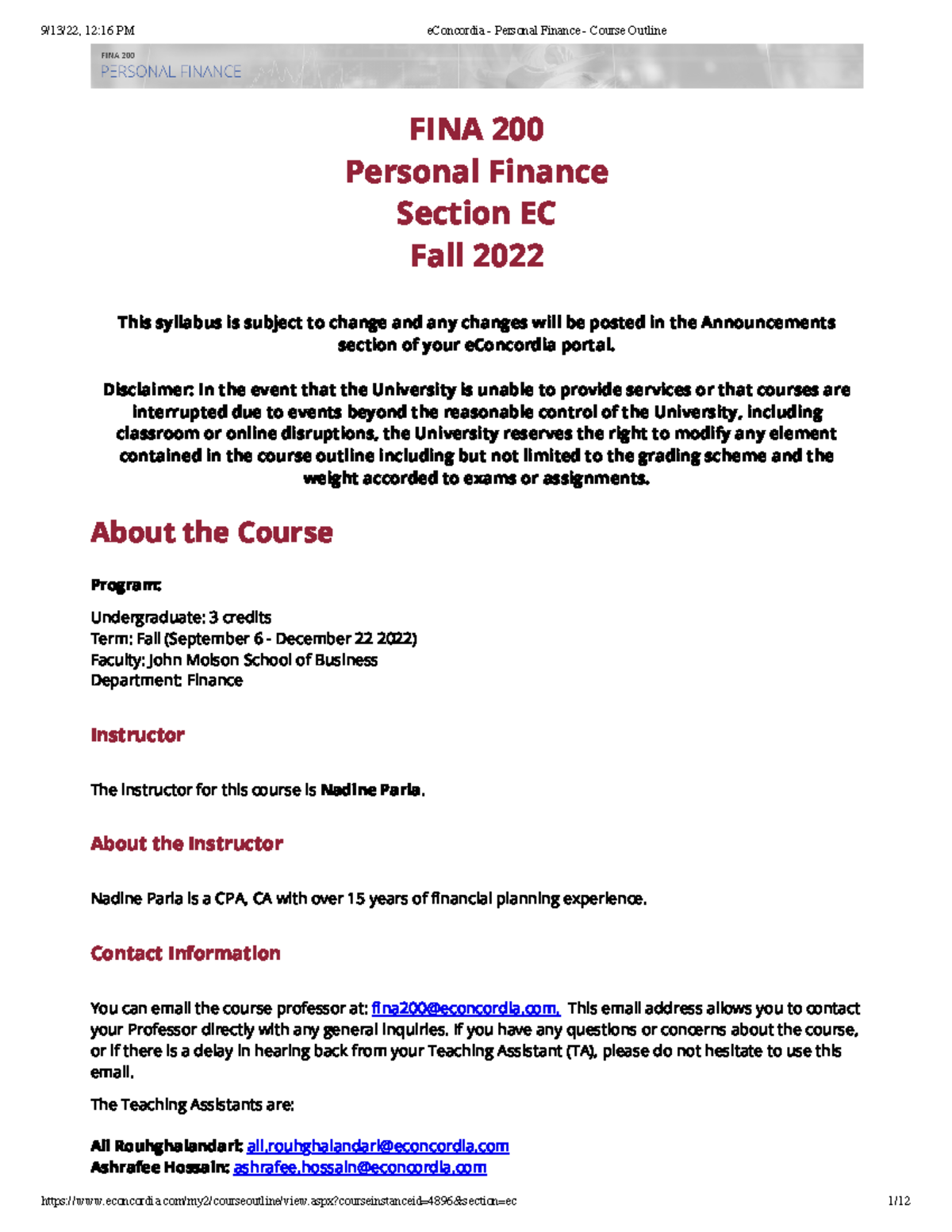 E Concordia - Personal Finance - Course Outline - FINA 200 Personal ...