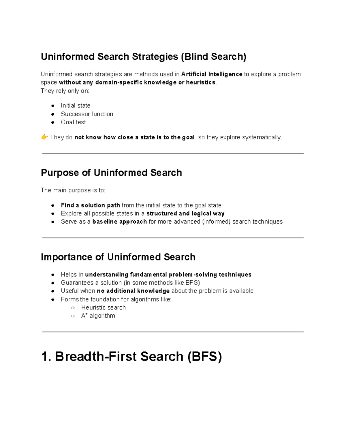 Uninformed Search Strategies: BFS & DFS Overview (AI 101) - Studocu