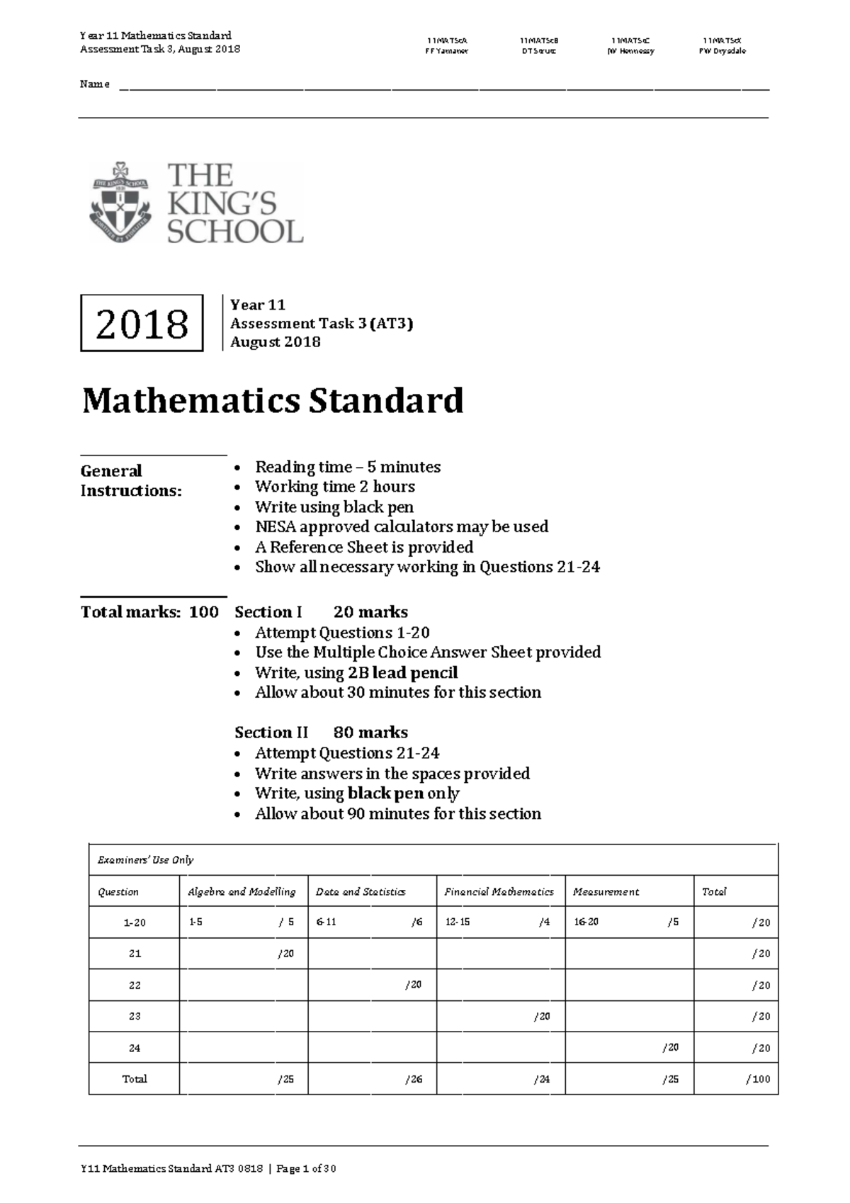 Year 11 Mathematics Standard AT3 August 2018 Assessment Task ...