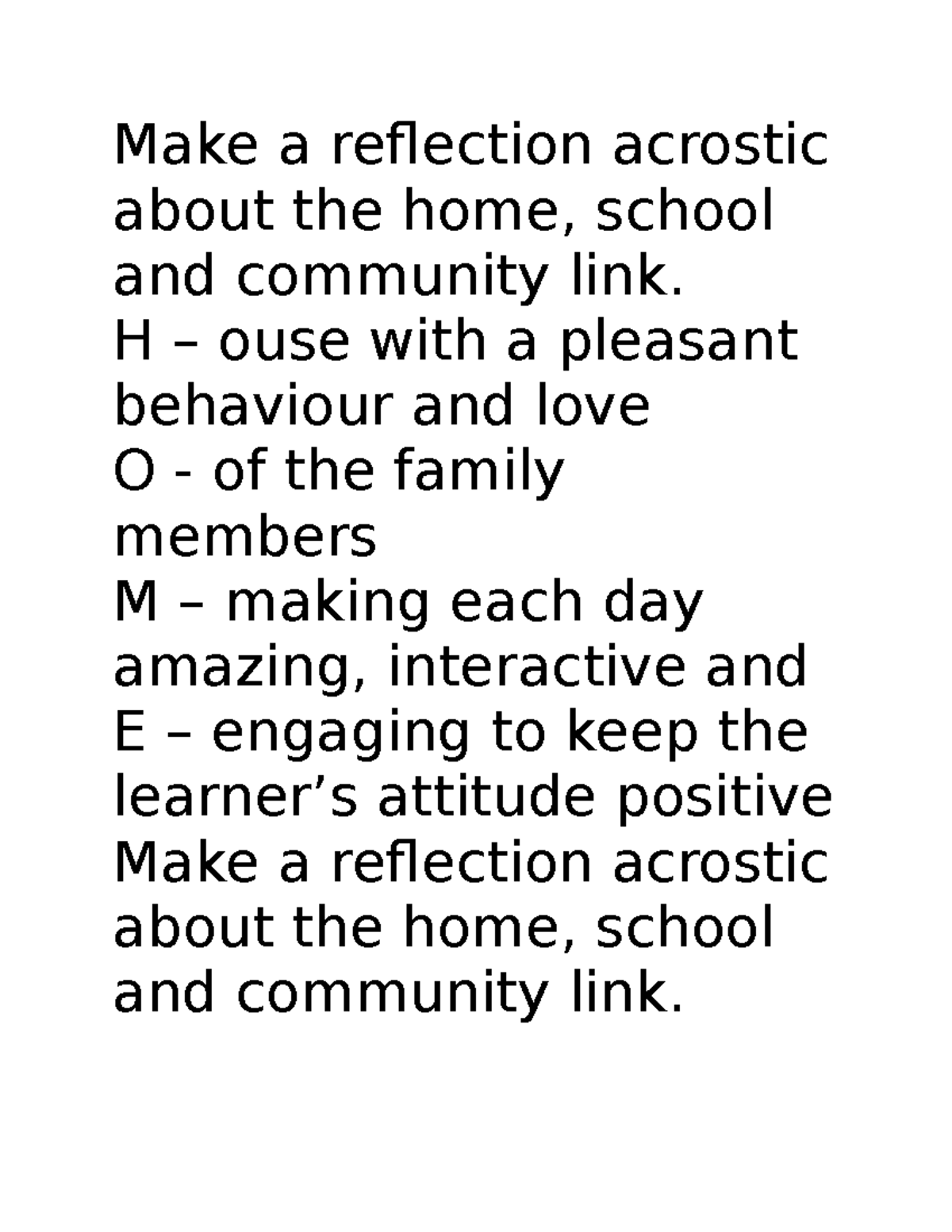 Lesson 4 - Home, School & Community Reflection Acrostic - Studocu