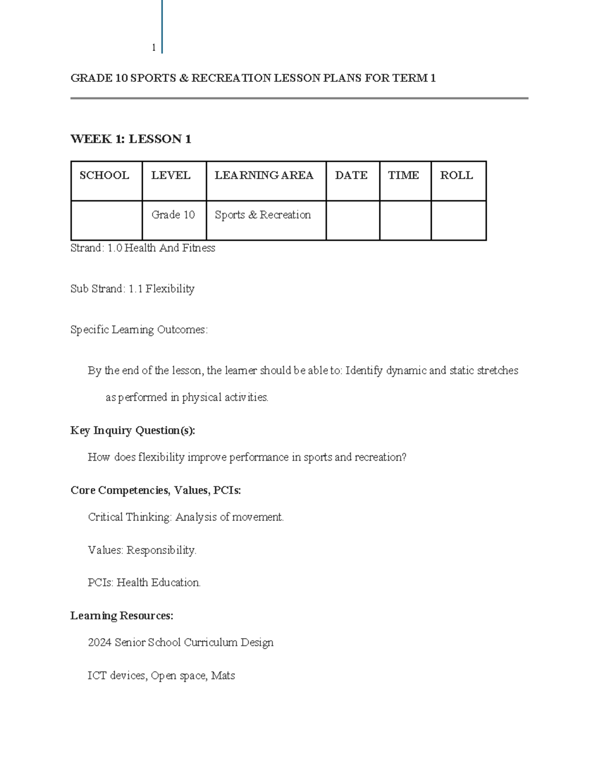 Grade 10 TERM 1 Sports Recreation Lesson Plans: Flexibility & Strength ...