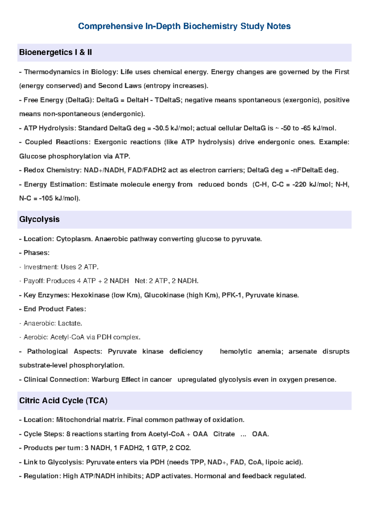 Comprehensive Biochemistry Study Notes Bioenergetics Metabolism
