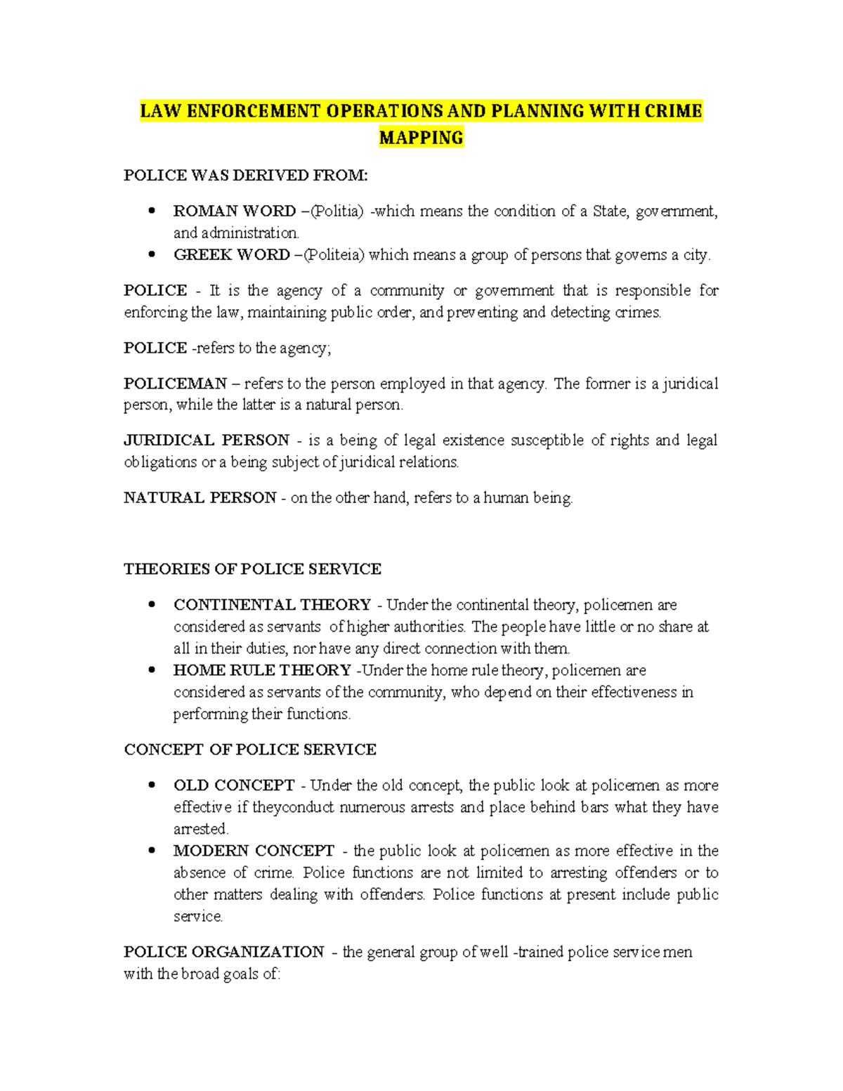 LAW ENFORCEMENT OPERATIONS: POLICE ORGANIZATION & ADMINISTRATION - Studocu