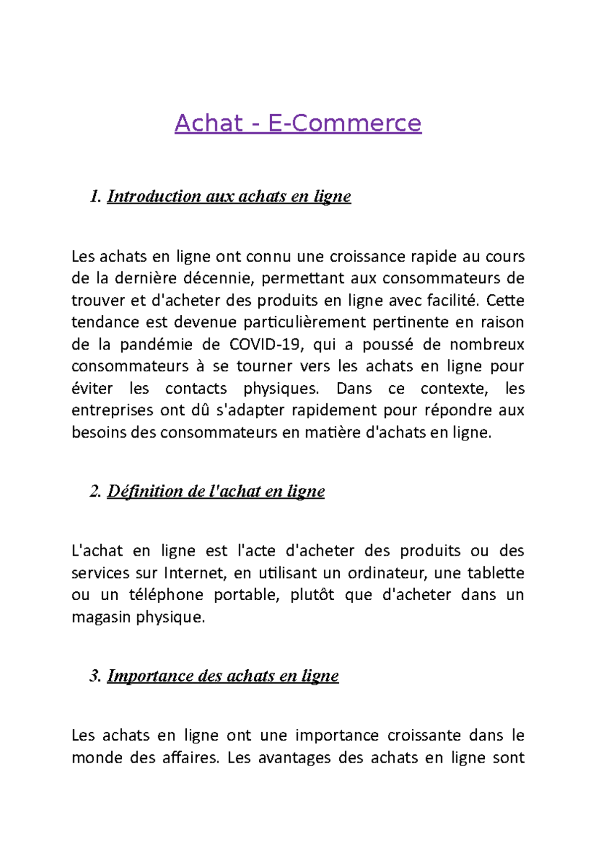 Achat en Ligne: Comprendre l'E-Commerce et ses Tendances - Studocu
