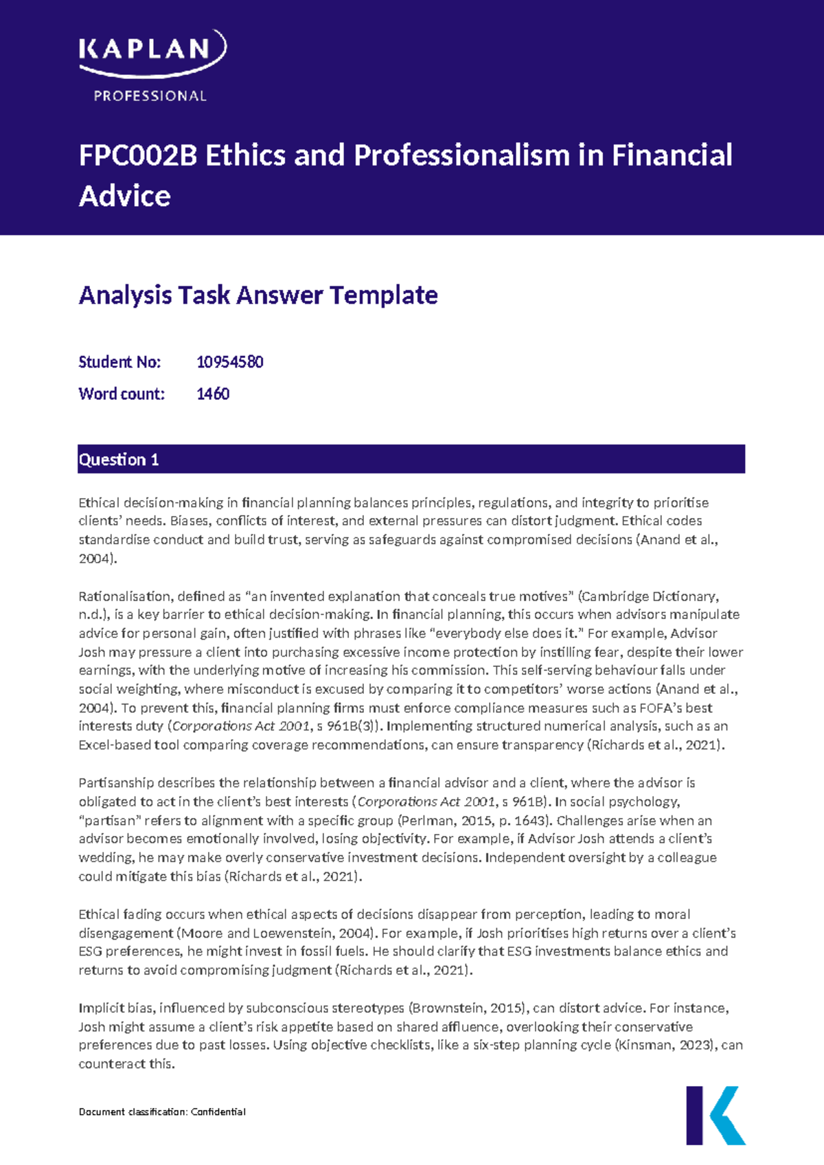 FPC002B Ethics in Financial Planning: Analysis Task Answer Template ...