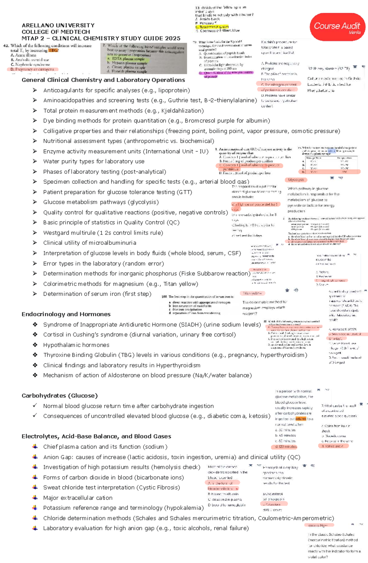 ARELLANO UNIVERSITY MTAP 2 Clinical Chemistry Comprehensive Study Guide ...