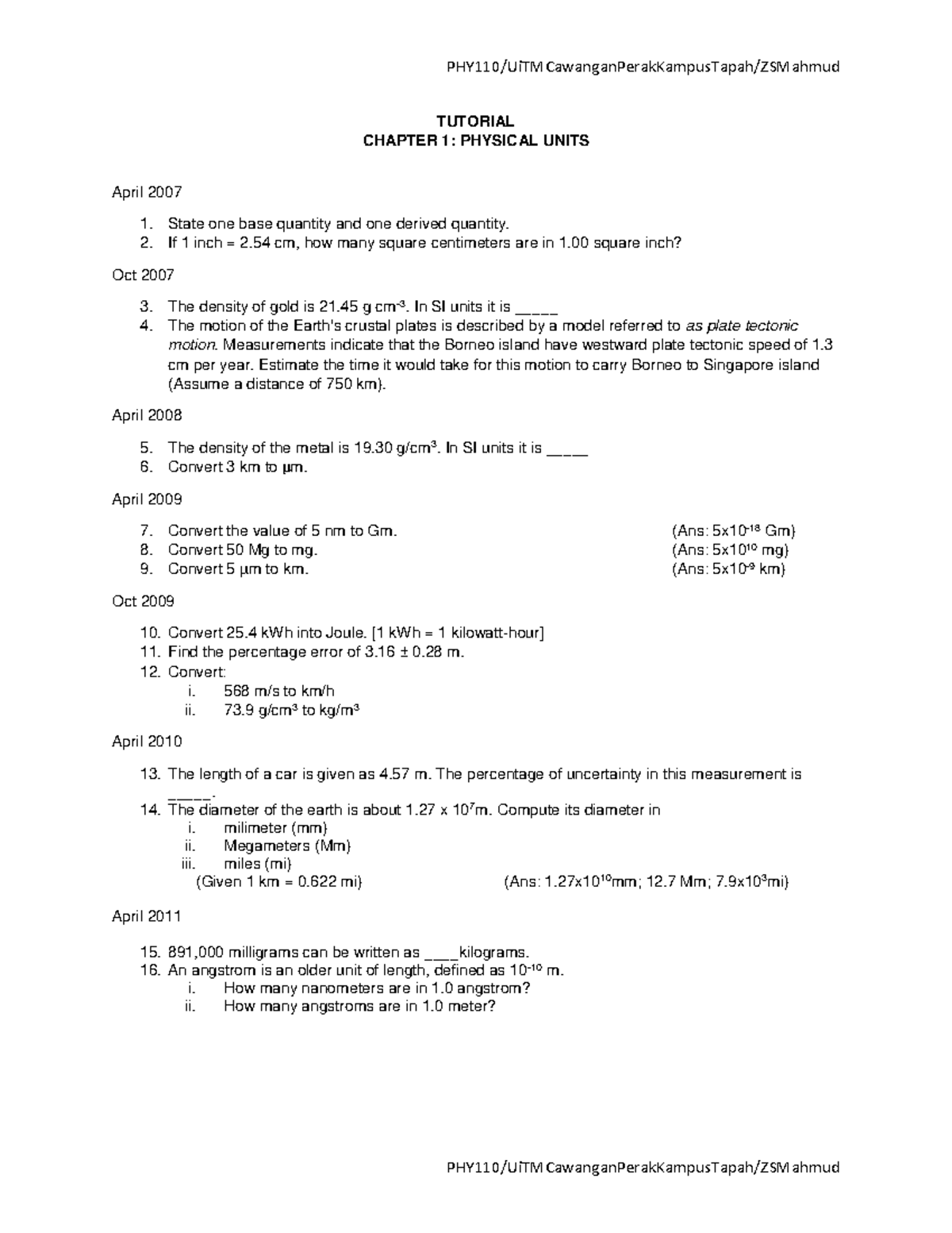 PHY110 Tutorial Chapter 1: Physical Units Exercises & Solutions - Studocu